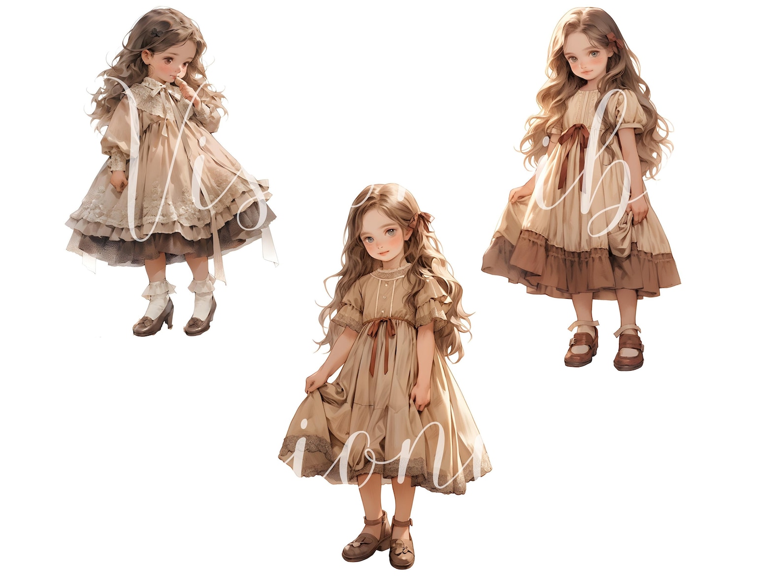 Retro Little Girl in Beige Dress Clipart Bundle Vintage Girl in Vintage ...