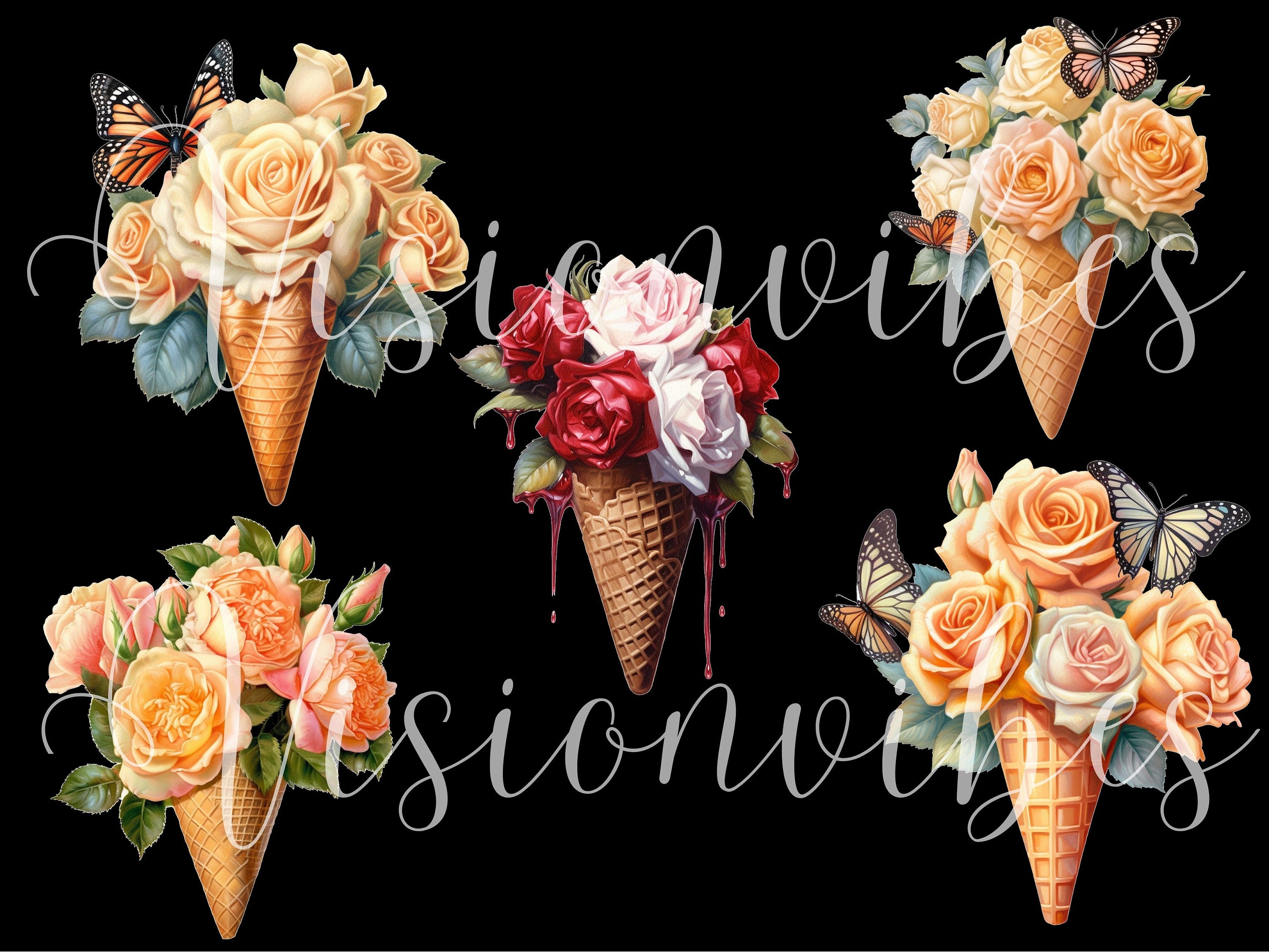 Roses in Waffle Cones Watercolor Clipart Bundle Roses Digital - Etsy