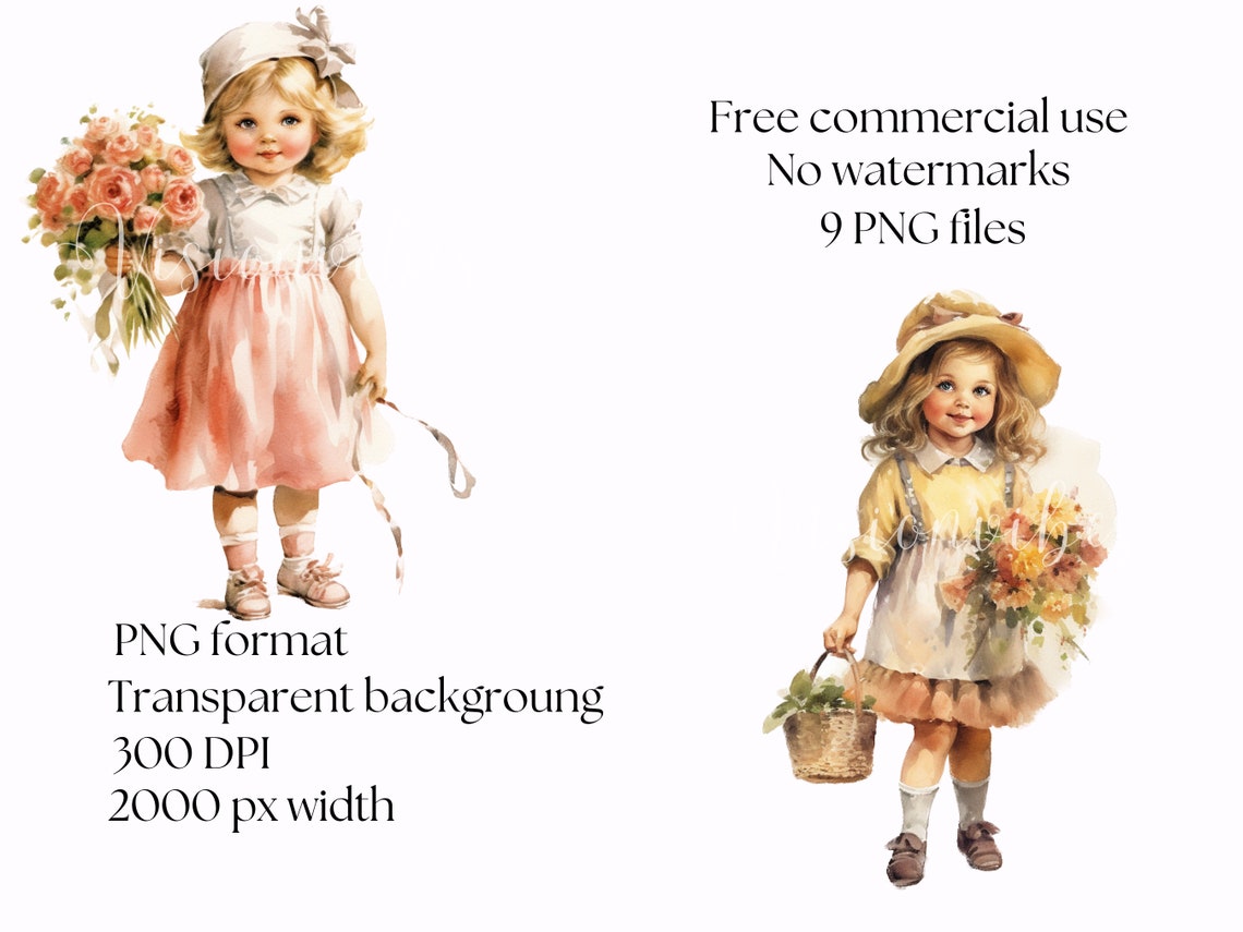 Retro Girl Clipart Bundle Watercolor Retro Girl Flowers Clipart Summer ...