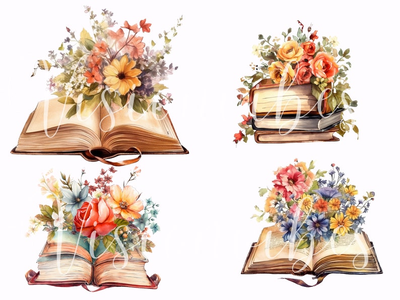 Watercolor Floral Books Clipart Book Clip Art Watercolor - Etsy