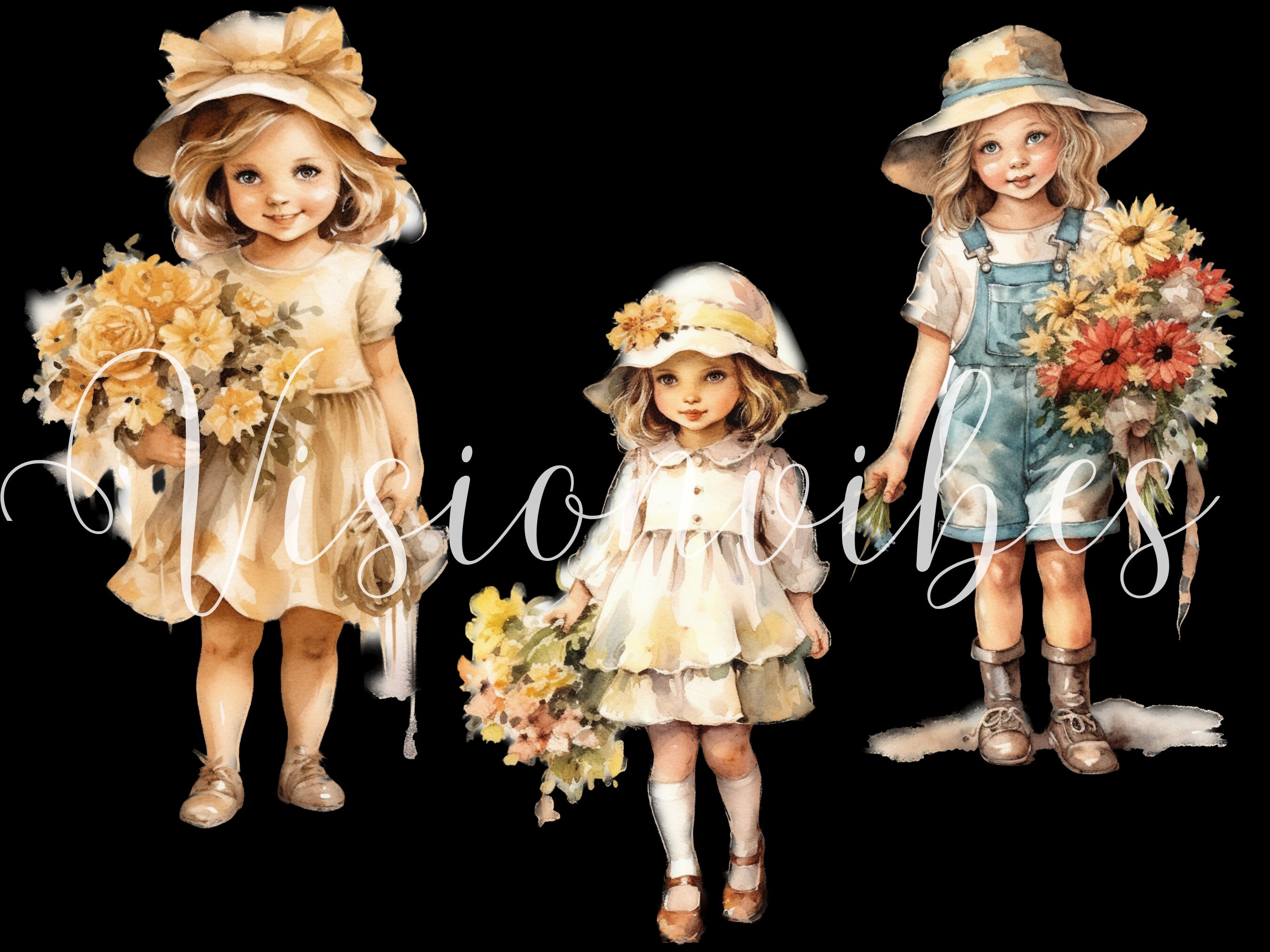 Retro Girl Clipart Bundle Watercolor Retro Girl Flowers - Etsy