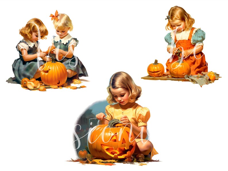 Halloween Pumpkin Workshop Retro Clipart Bundle Retro Girl Clipart ...