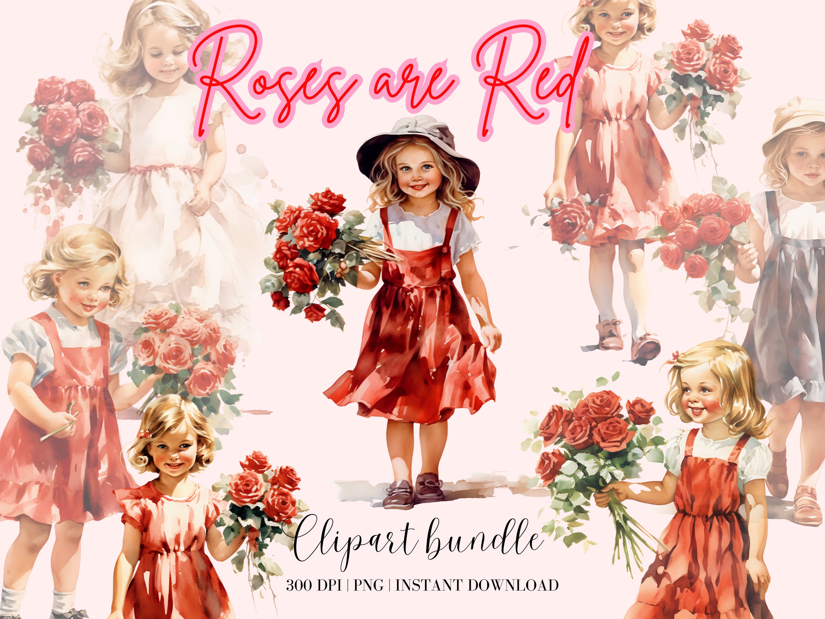 Retro Girl With Red Roses Clipart Bundle Retro Girl Clipart Summer ...