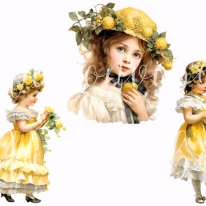 Vintage Little Girl in Yellow Dress Clipart Bundle Watercolor Girl With ...