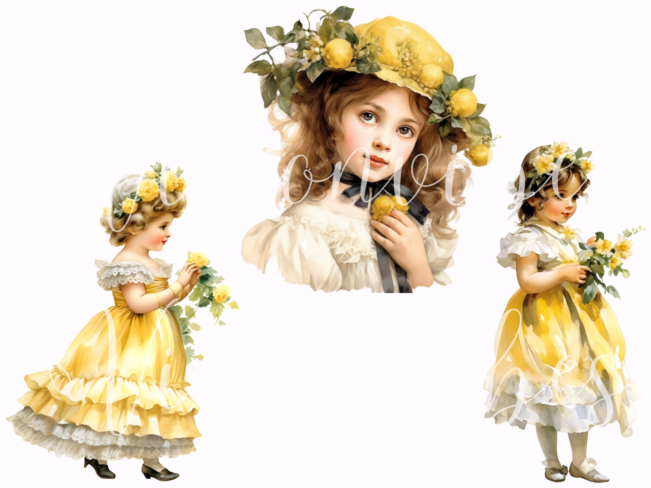 Vintage Little Girl in Yellow Dress Clipart Bundle Watercolor Girl With ...