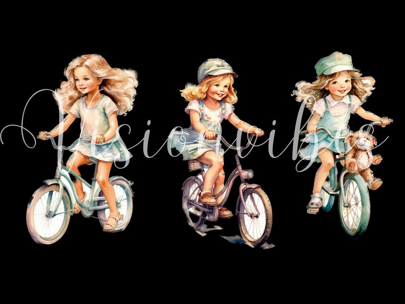 Girl Riding Bicycle Clipart Bundle Retro Girl Clipart Summer Clipart ...