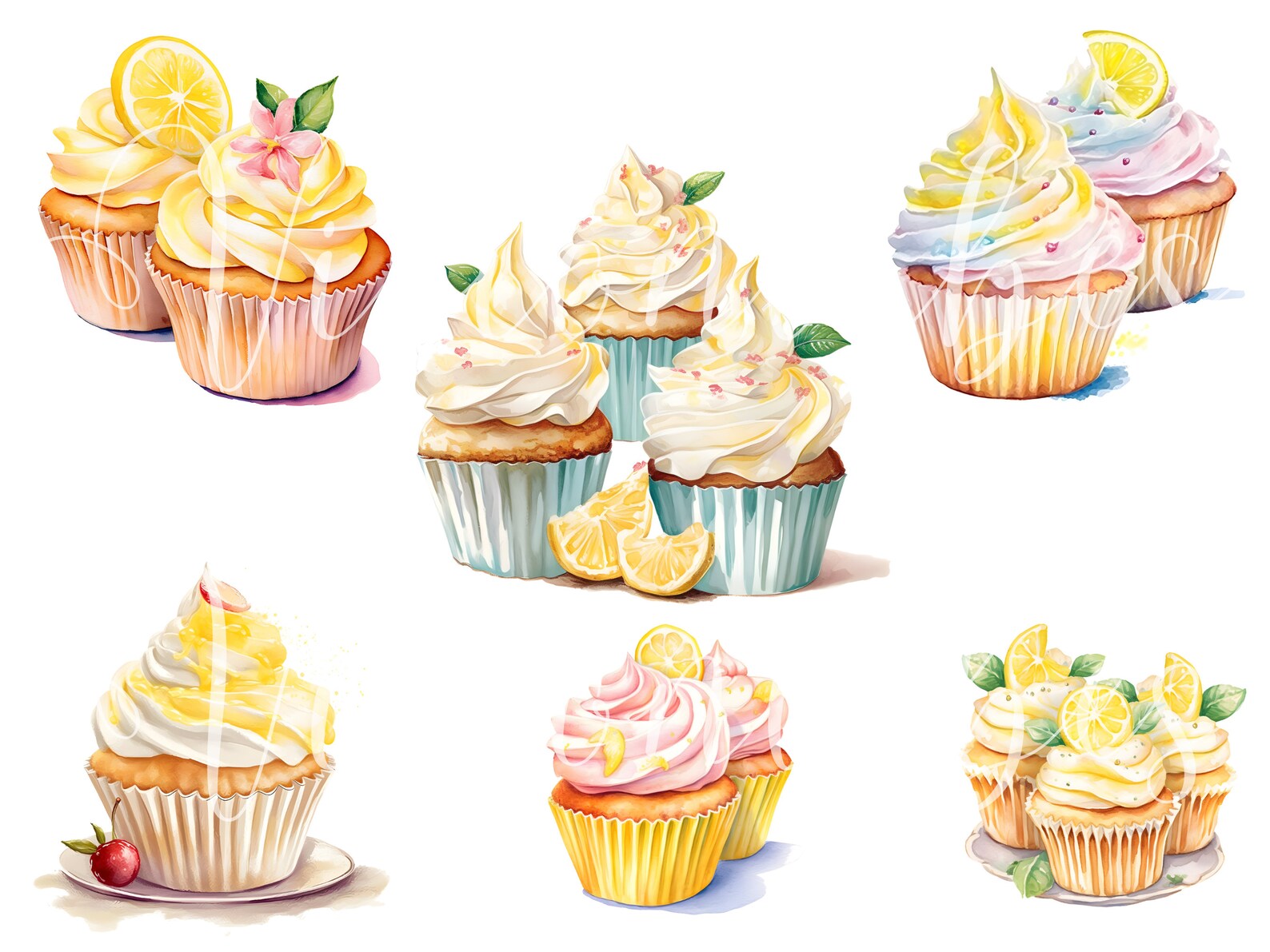 Watercolor Lemon Cupcakes Clipart Bundle Baking Sublimation Design ...