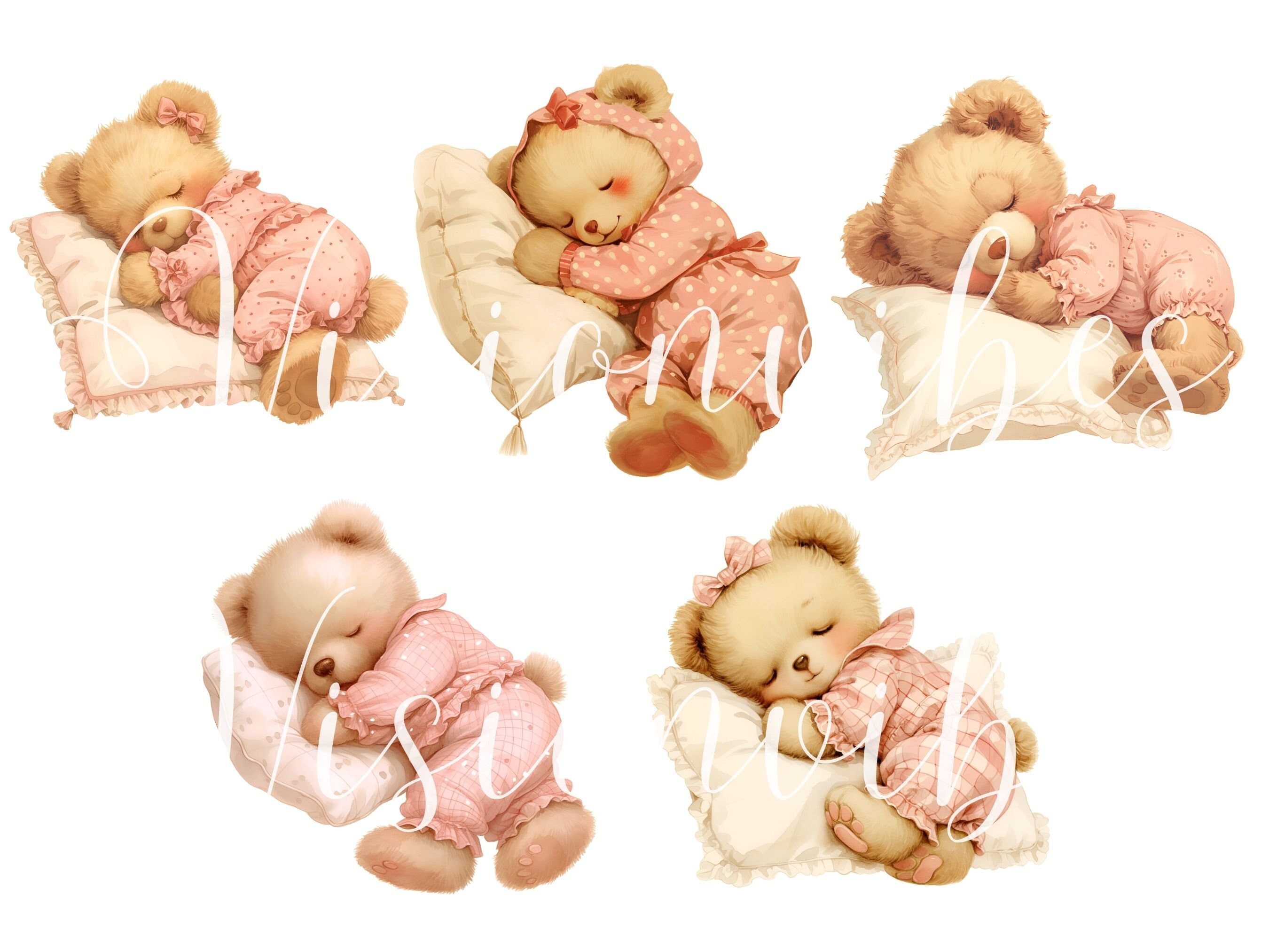 Teddy Bear Sleeping on a Pillow Clipart Bundle Watercolor Bear Pink ...