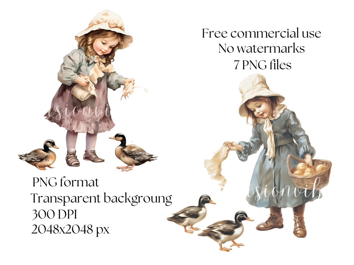 Vintage Girl Feeding Ducks Clipart Bundle Watercolor Vintage Girl Png ...
