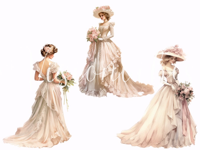 Vintage Bride Clipart Bundle Watercolor Vintage Bride Vintage Wedding ...