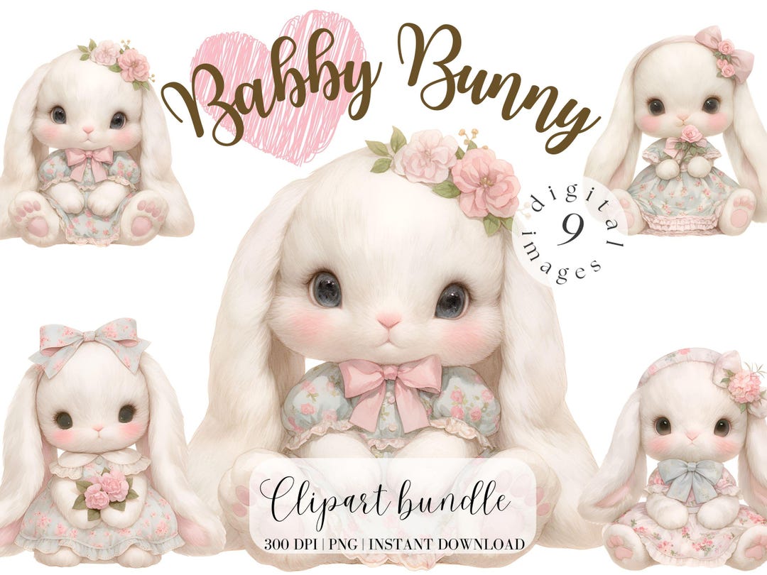 Cute Bunny Clipart Bundle Baby Rabbit Watercolor Sweet Pink Nursery ...