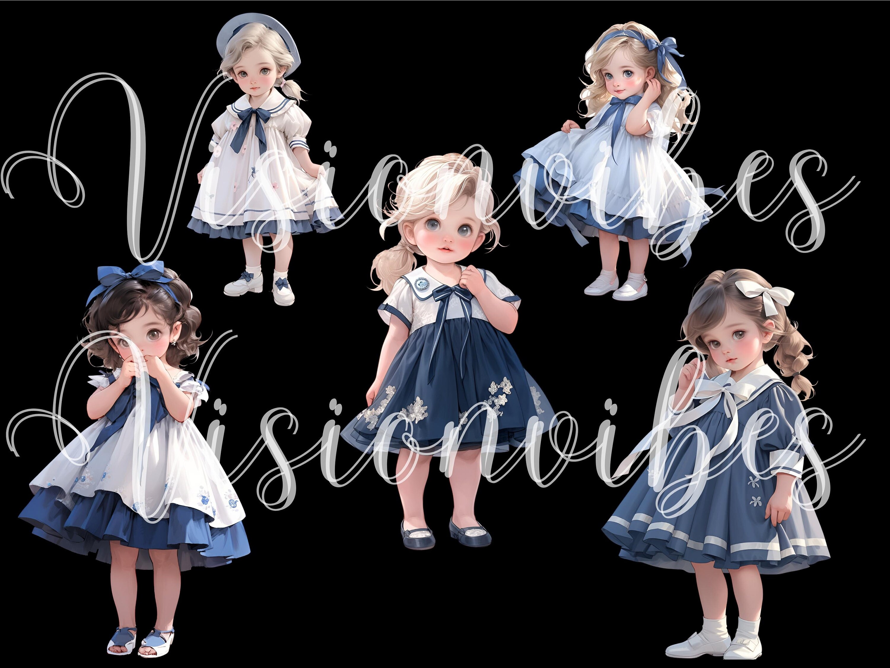Retro Little Girl in Blue Dress Clipart Bundle Vintage Girl in Sailor ...