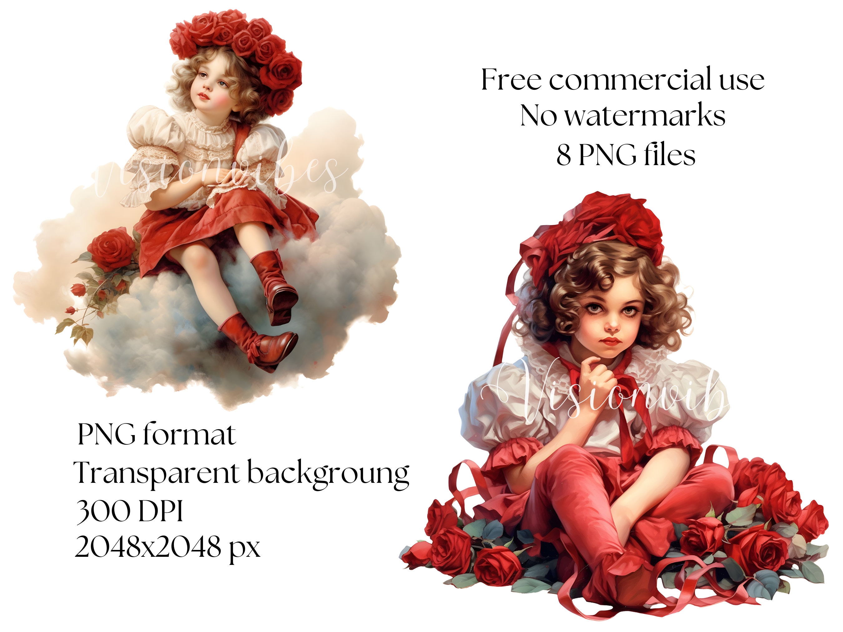 Vintage Girl With Ruby Red Roses Clipart Bundle Clouds Clipart - Etsy ...