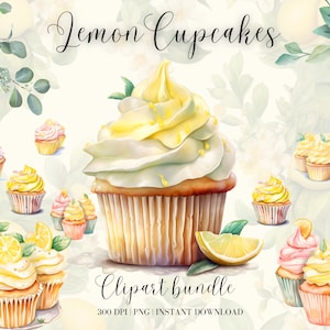 Watercolor Lemon Cupcakes Clipart Bundle Baking Sublimation Design ...