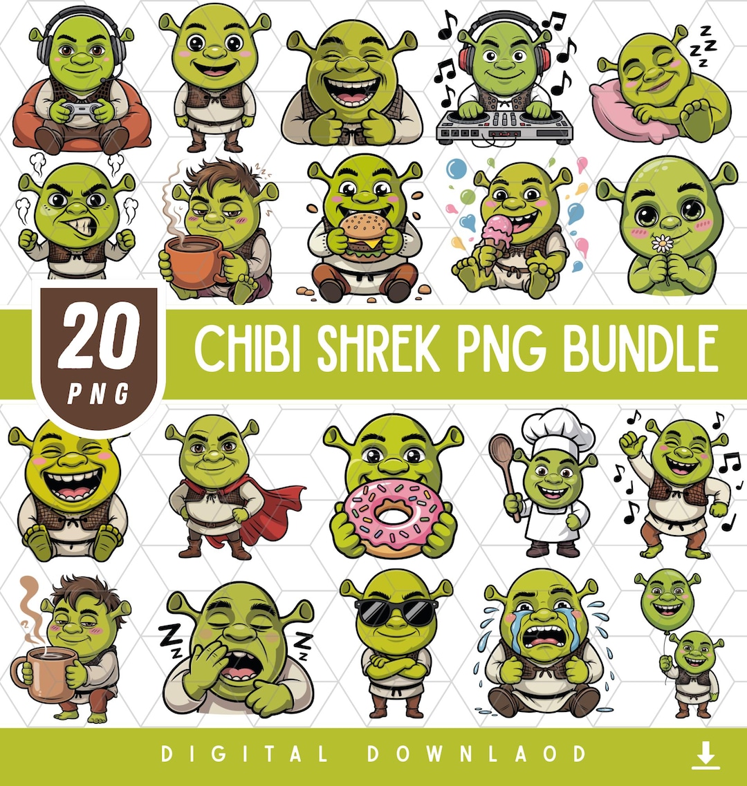 20 Chibi Shrek PNG Bundle, Cute Cartoon Clipart, Funny Chibi Shrek ...