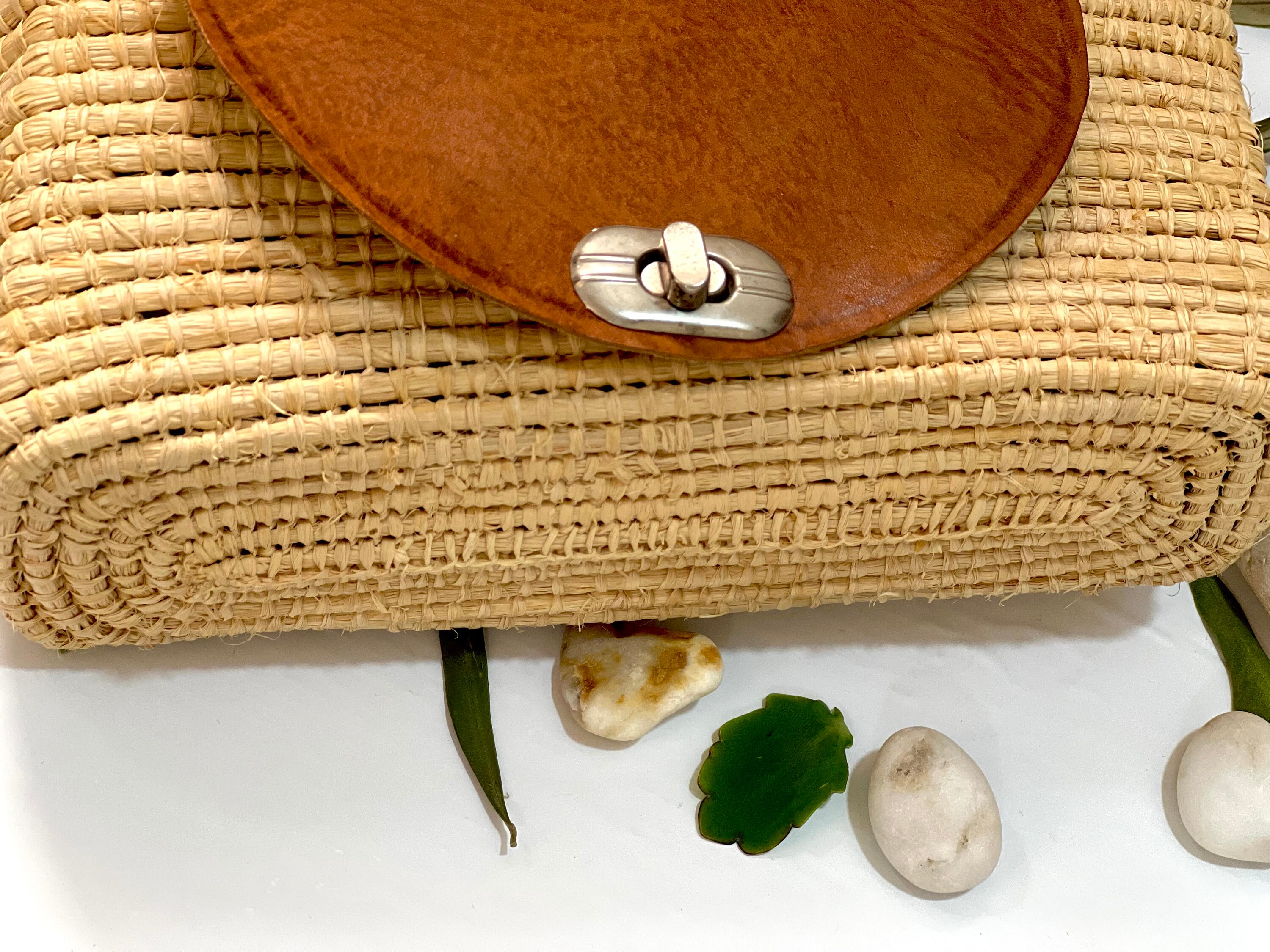 Raffia Shoulder Bag With Leather Handles 8.26 X 4.35 X 2.55 Minimalist ...