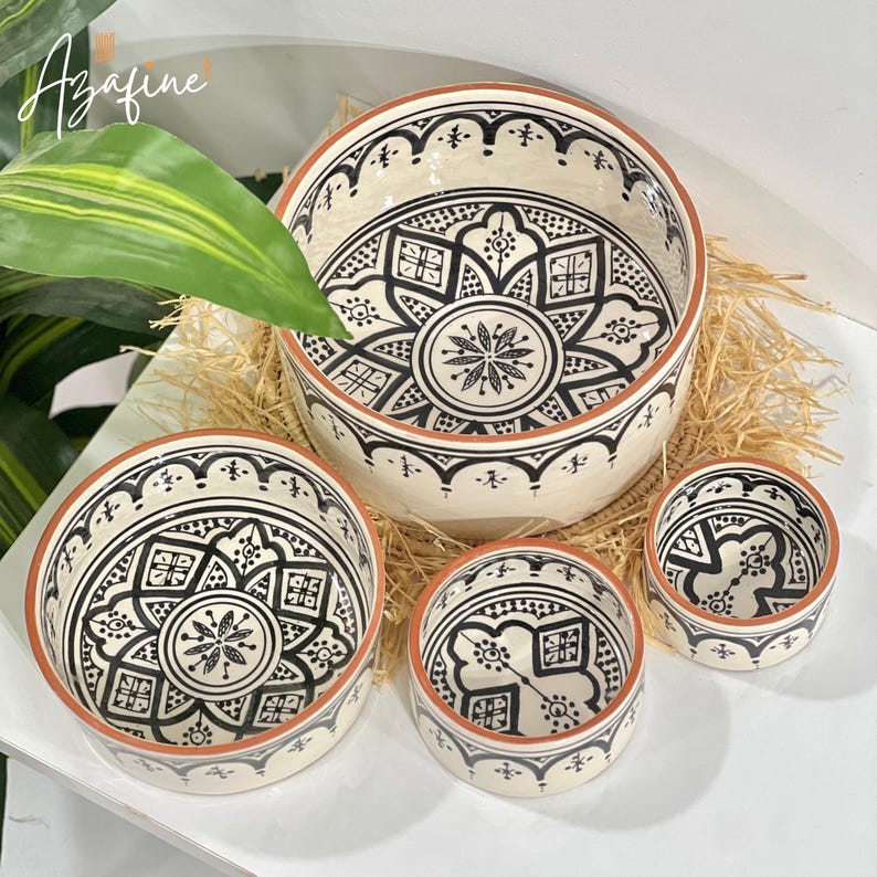 Set of 4 Handcrafted Moroccan Ceramic Bowls - Serving Bowls - Black and ...
