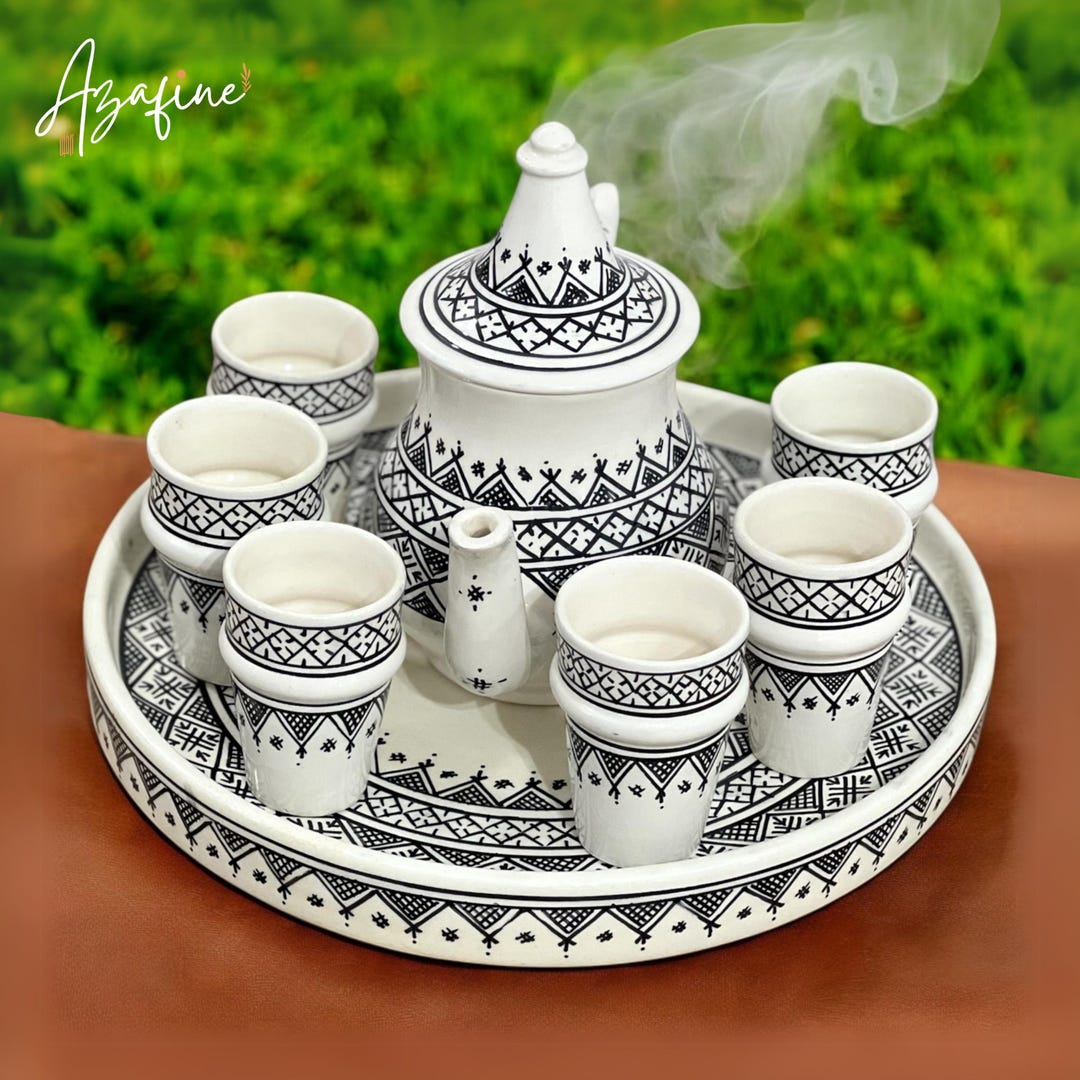 Moroccan Handmade Tea Set, Traditional Teapot With 6 Cups and Tray ...