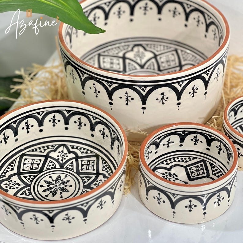 Set of 4 Handcrafted Moroccan Ceramic Bowls - Serving Bowls - Black and ...