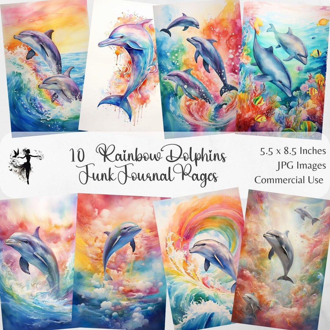 Junk Journal Pages Rainbow Dolphin Journal Kit Rainbow Watercolor Junk ...