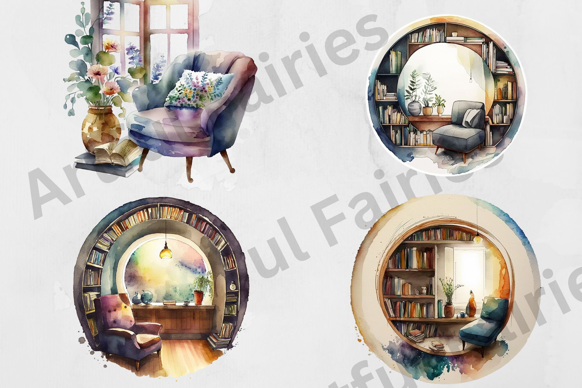 Watercolour Reading Clipart Books Clipart Cozy Home Library - Etsy