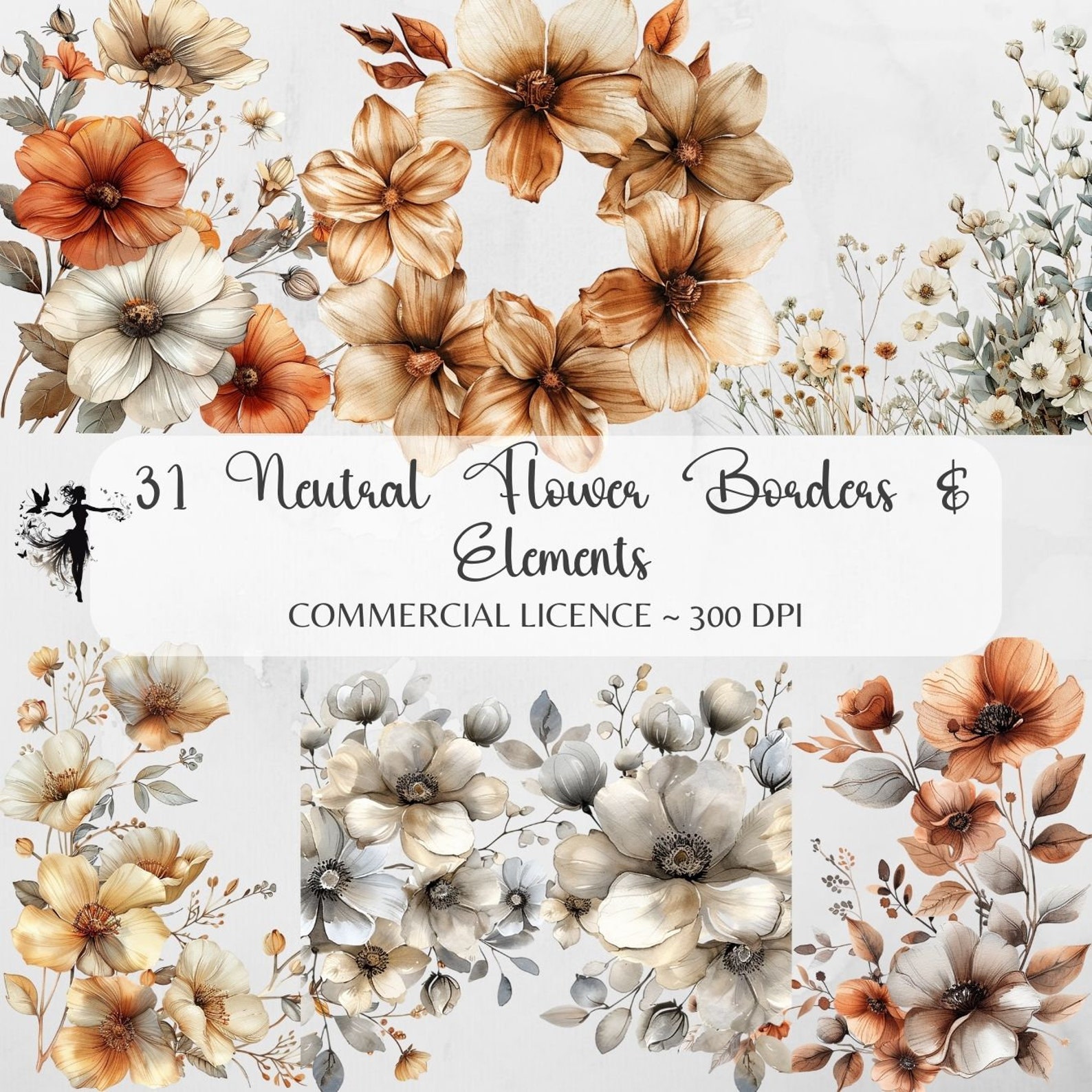 Neutral Floral Corners Clipart Neutral Flower Borders PNG Beige Digital ...