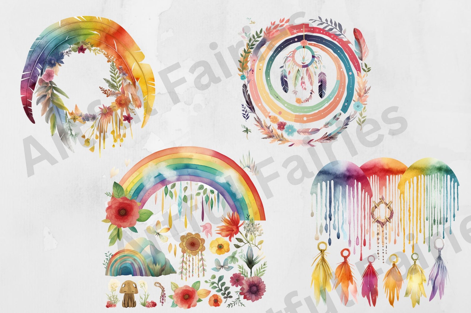 Watercolor Boho Rainbow Clipart PNG Boho Clipart Boho Flower Clipart ...