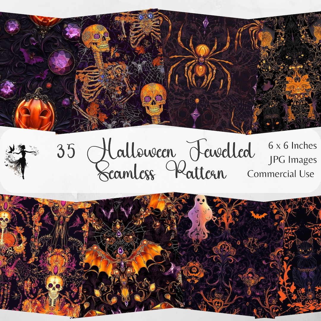 Halloween Jewelled Seamless Pattern Digital Paper Background Skeleton ...