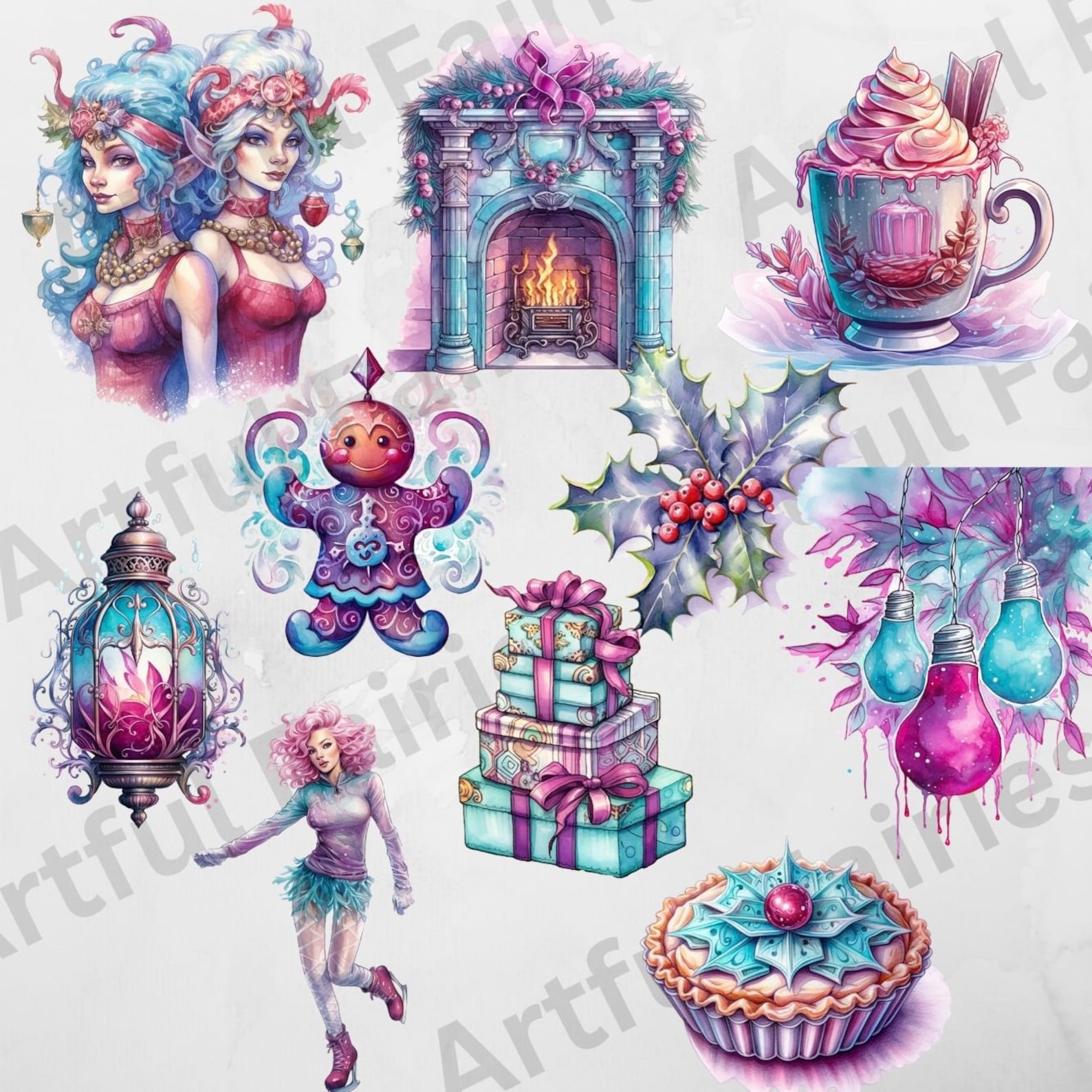 Pastel Christmas Clipart Bundle Watercolor Pink Christmas PNG Pastel ...