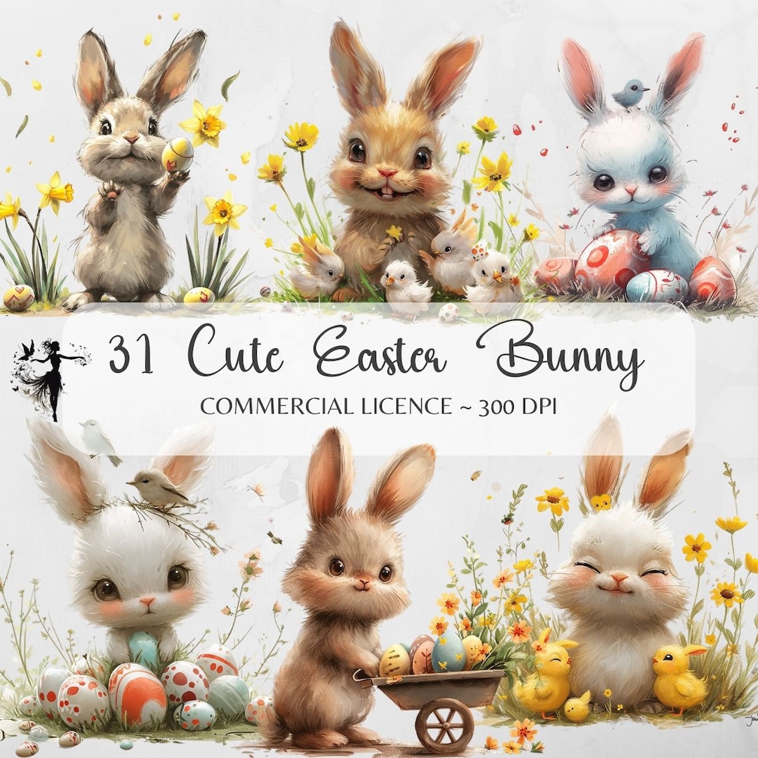 Watercolor Easter Bunny Clipart Bundle Cute Baby Bunny PNG Chick Easter ...