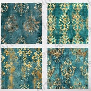 Green Teal and Gold Seamless Damask Pattern Printable Scrapbook Paper ...