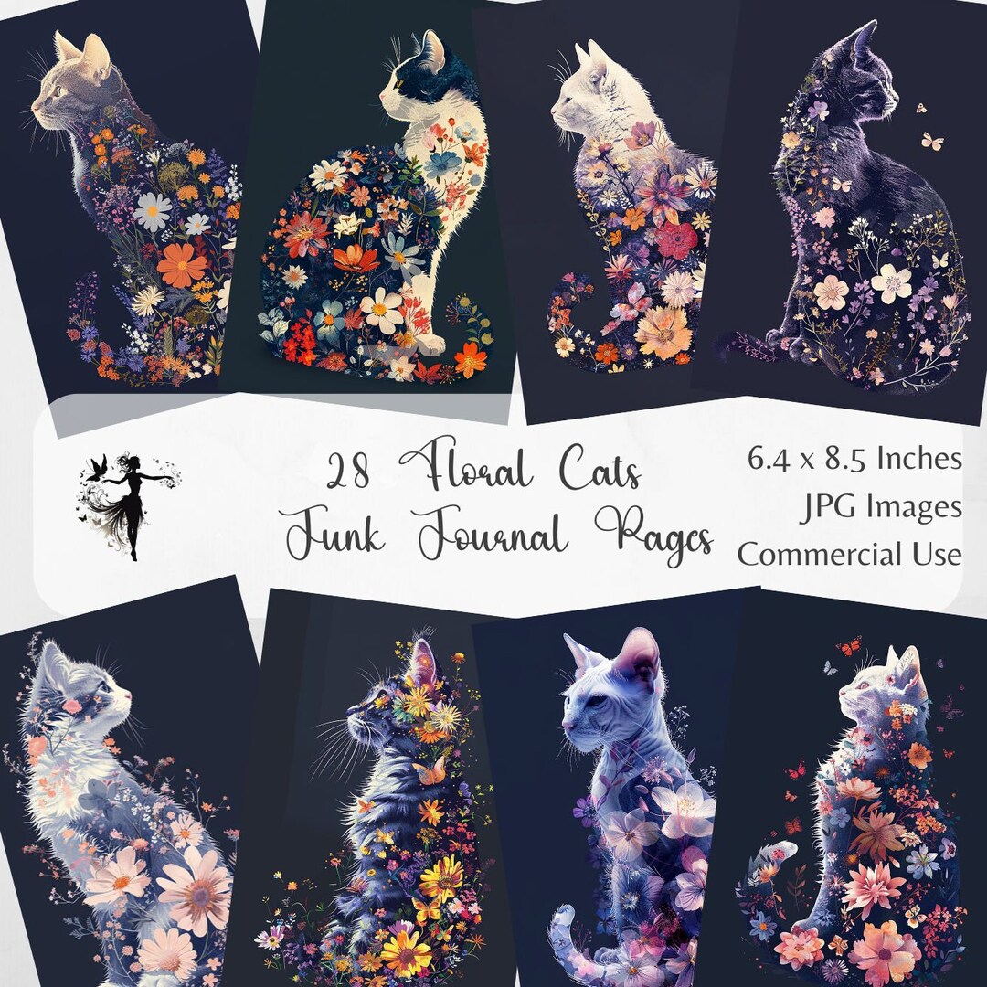 Floral Cat Junk Journal Pages Digital Scrapbook Paper Kit Kitty Flowers ...