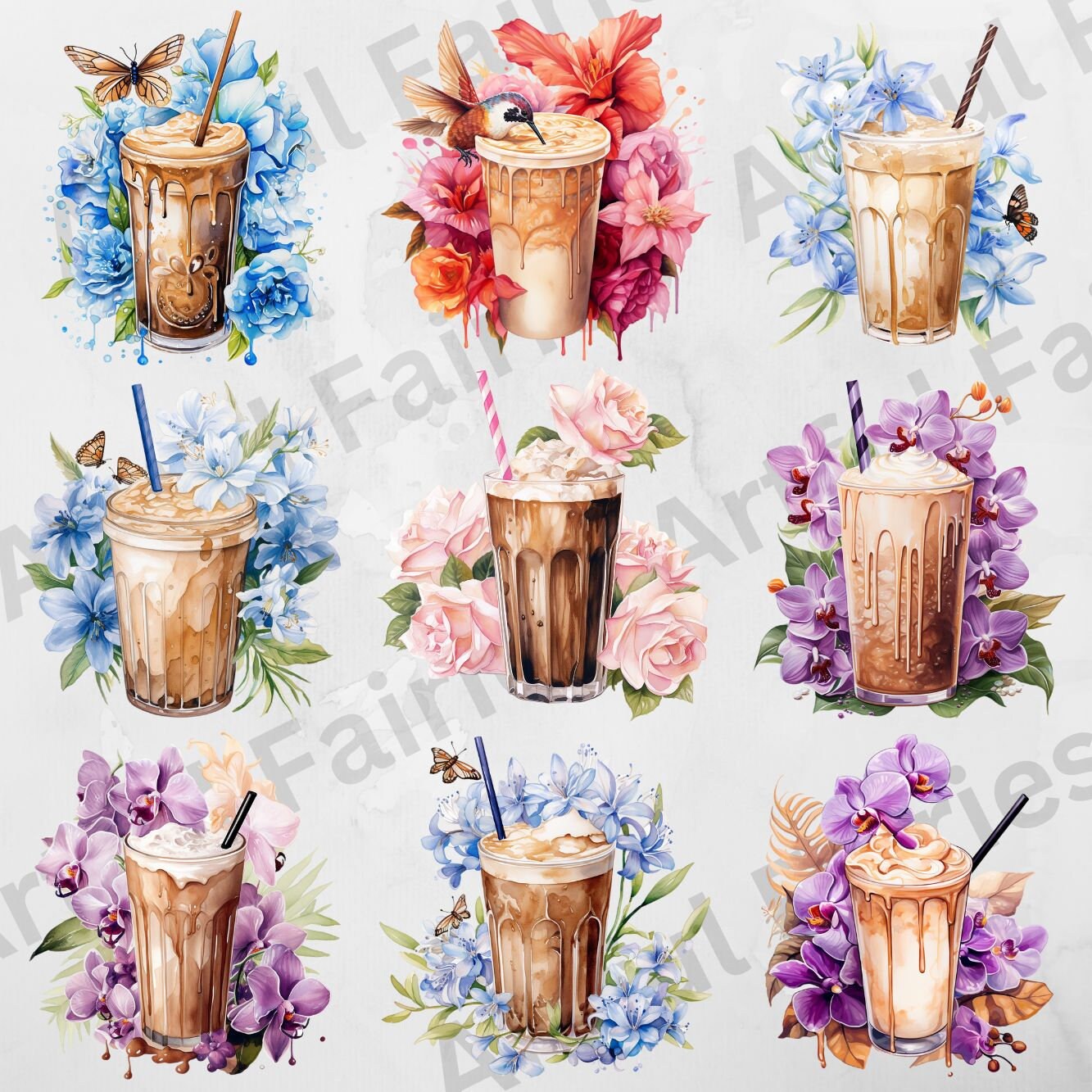 Floral Iced Coffee Clipart Iced Coffee PNG Coffee Lovers Flowers Coffee ...