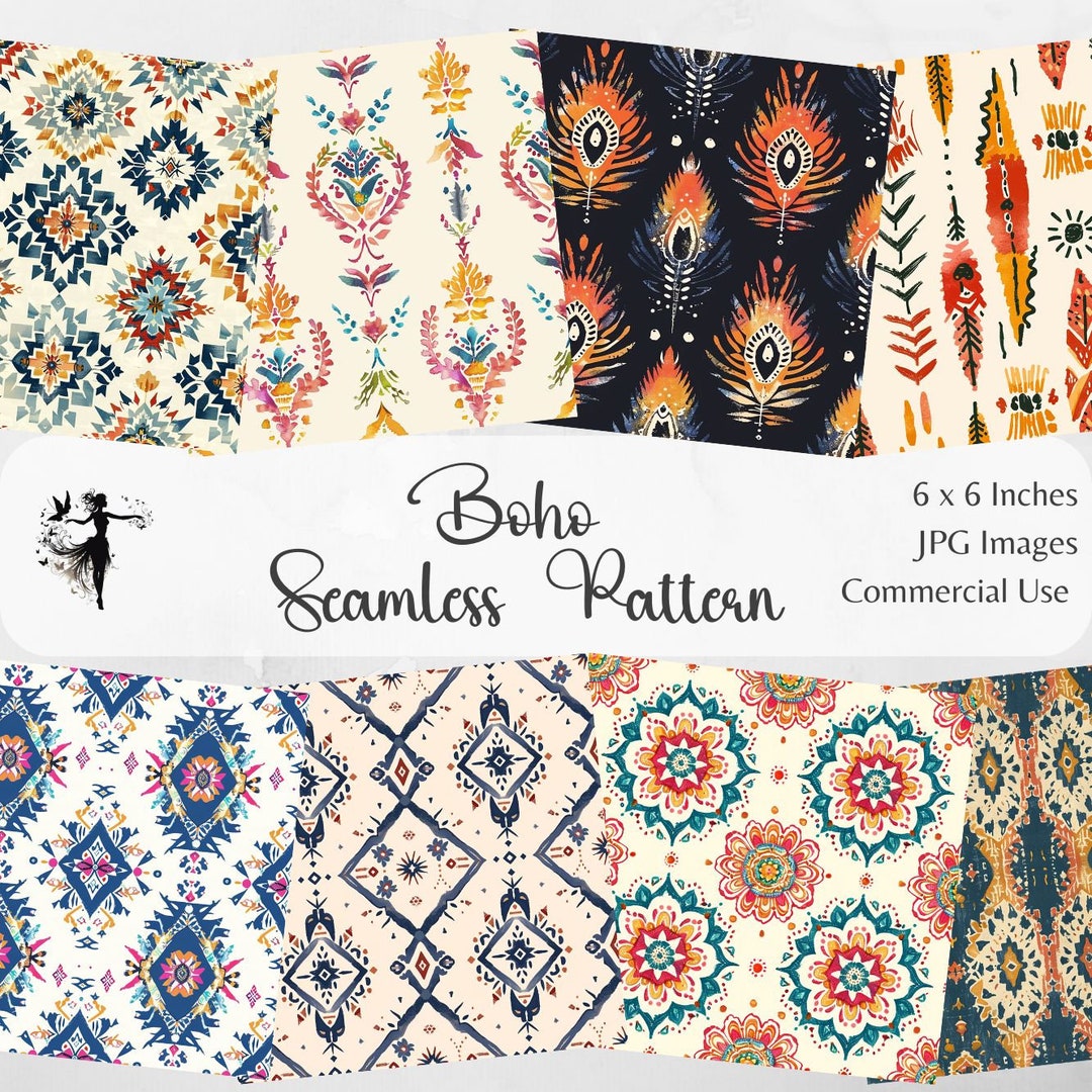 Boho Seamless Pattern Digital Paper Bohemian Backgrounds Tribal ...