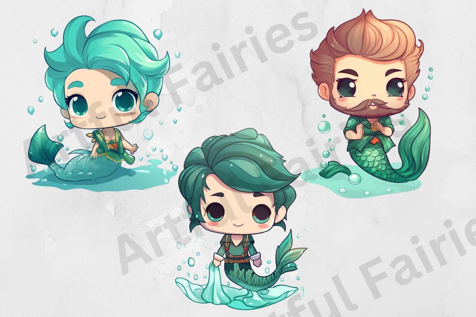 Chibi Style Merman Clipart Cute Chibi Clipart Kawaii Clipart Ocean ...