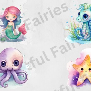 Watercolor Chibi Mermaid Clipart Set Kawaii Clipart Chibi Clipart DIY ...
