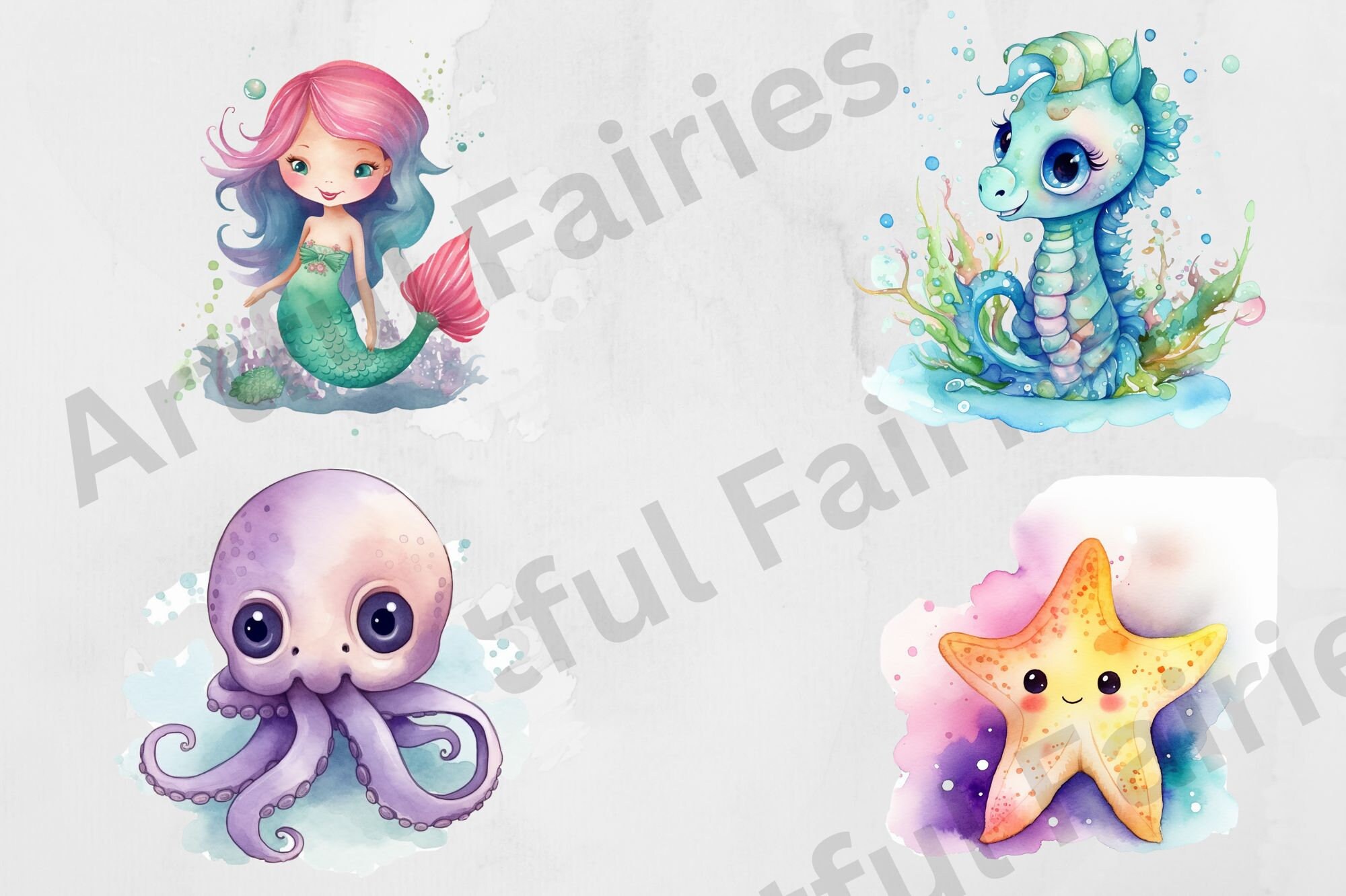 Watercolor Chibi Mermaid Clipart Set Kawaii Clipart Chibi Clipart DIY ...