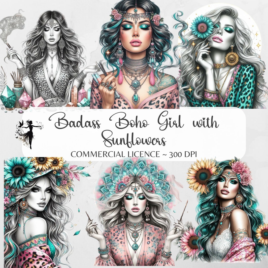 Badass Woman PNG Sunflowers Tattoo Clipart Boho Spiritual Witchy PNG ...