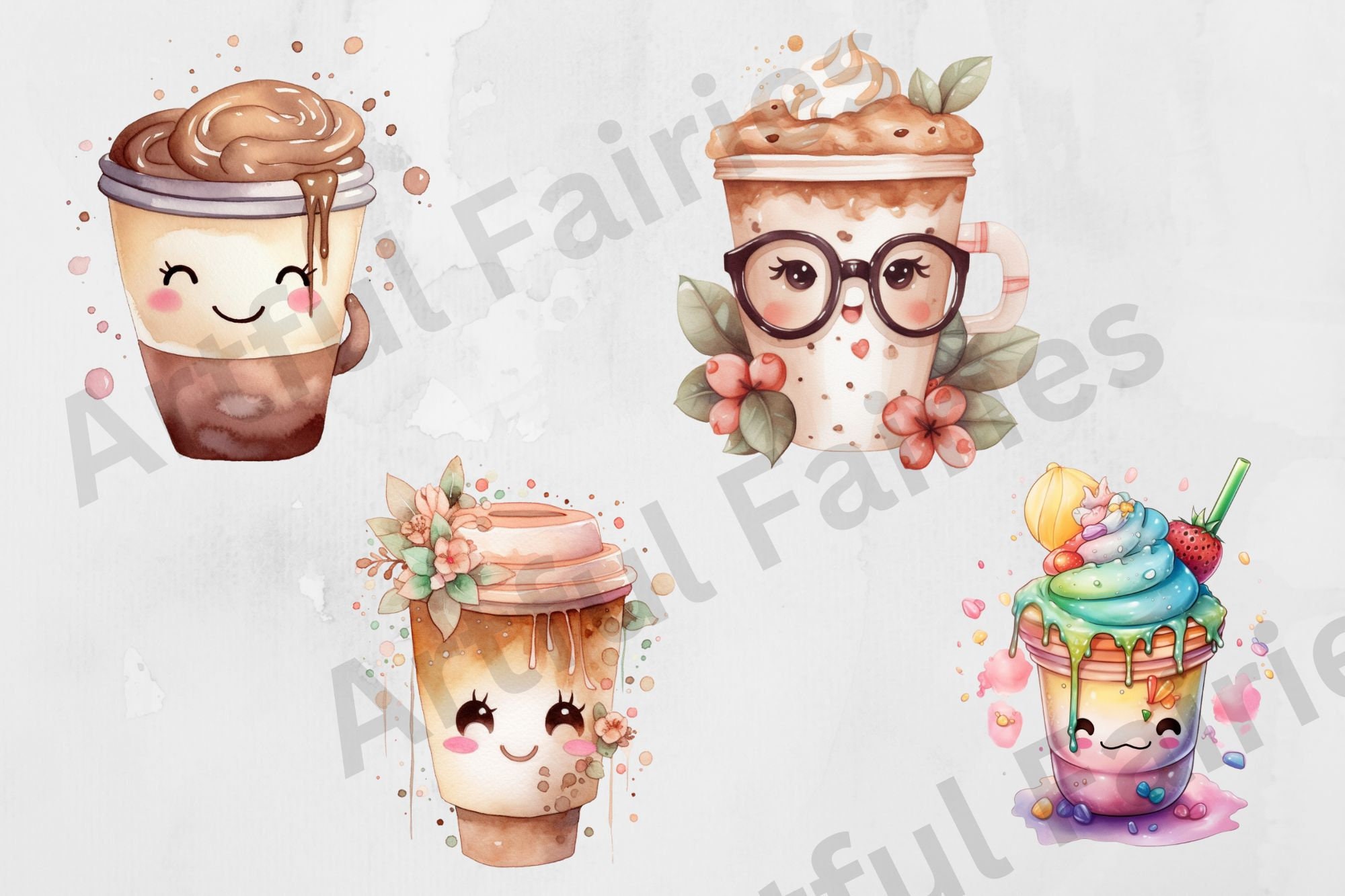 Kawaii Clipart Cute Kawaii Drinks Watercolor Clipart Coffee - Etsy