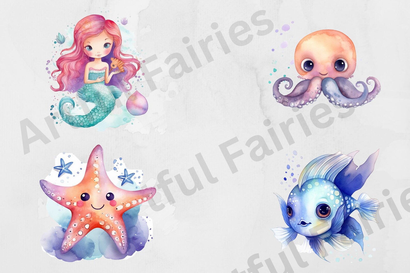 Watercolor Chibi Mermaid Clipart Set Kawaii Clipart Chibi Clipart DIY ...