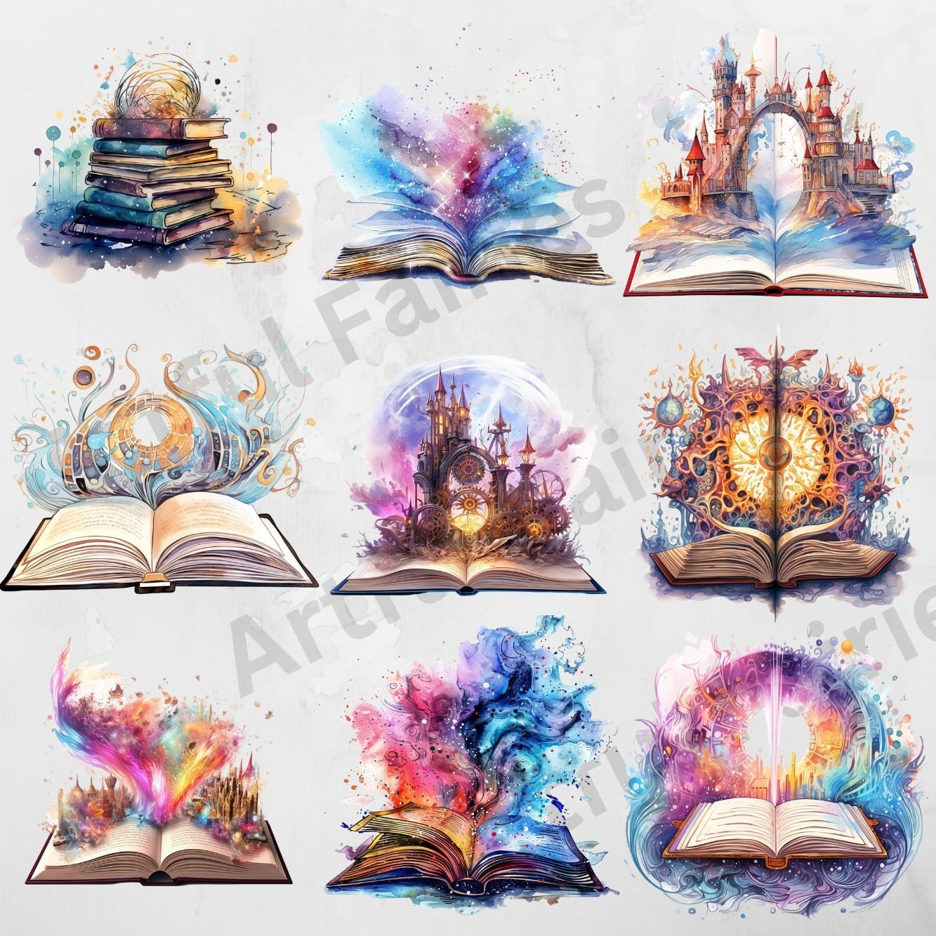 Watercolor Fantasy Books Clipart Open Book Bookshelf Vintage Stack ...