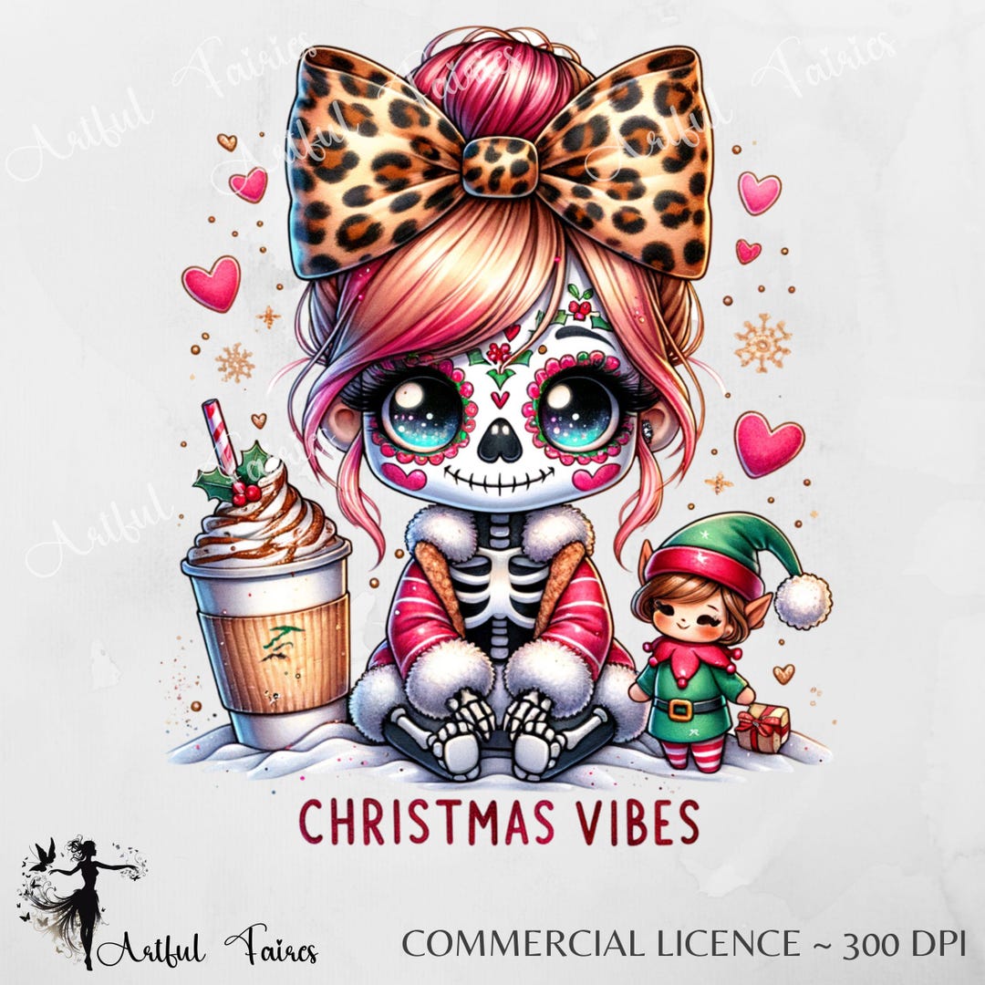 Cute Skeleton Girl Christmas PNG Bow Xmas Sublimation Christmas Vibes ...