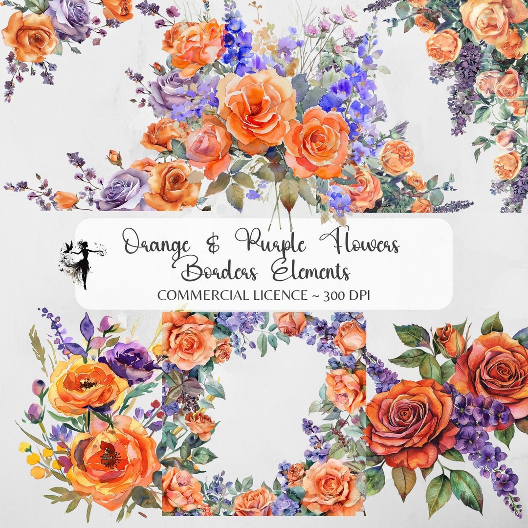 Purple Orange Floral Clipart Watercolor Roses Lilac Clipart Floral ...