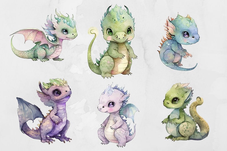 Cute Baby Watercolor Dragons Clipart Baby Dragon Clip Art Kawaii Dragon ...