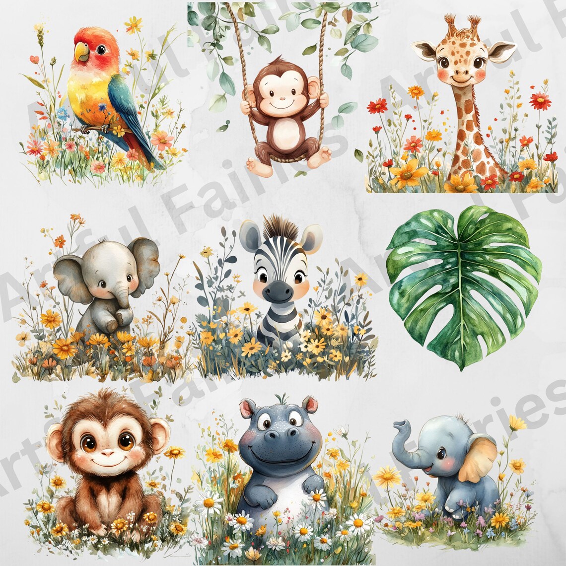 Safari Animals Clipart Bundle, Boho Flower Watercolor Baby Animal Pngs ...