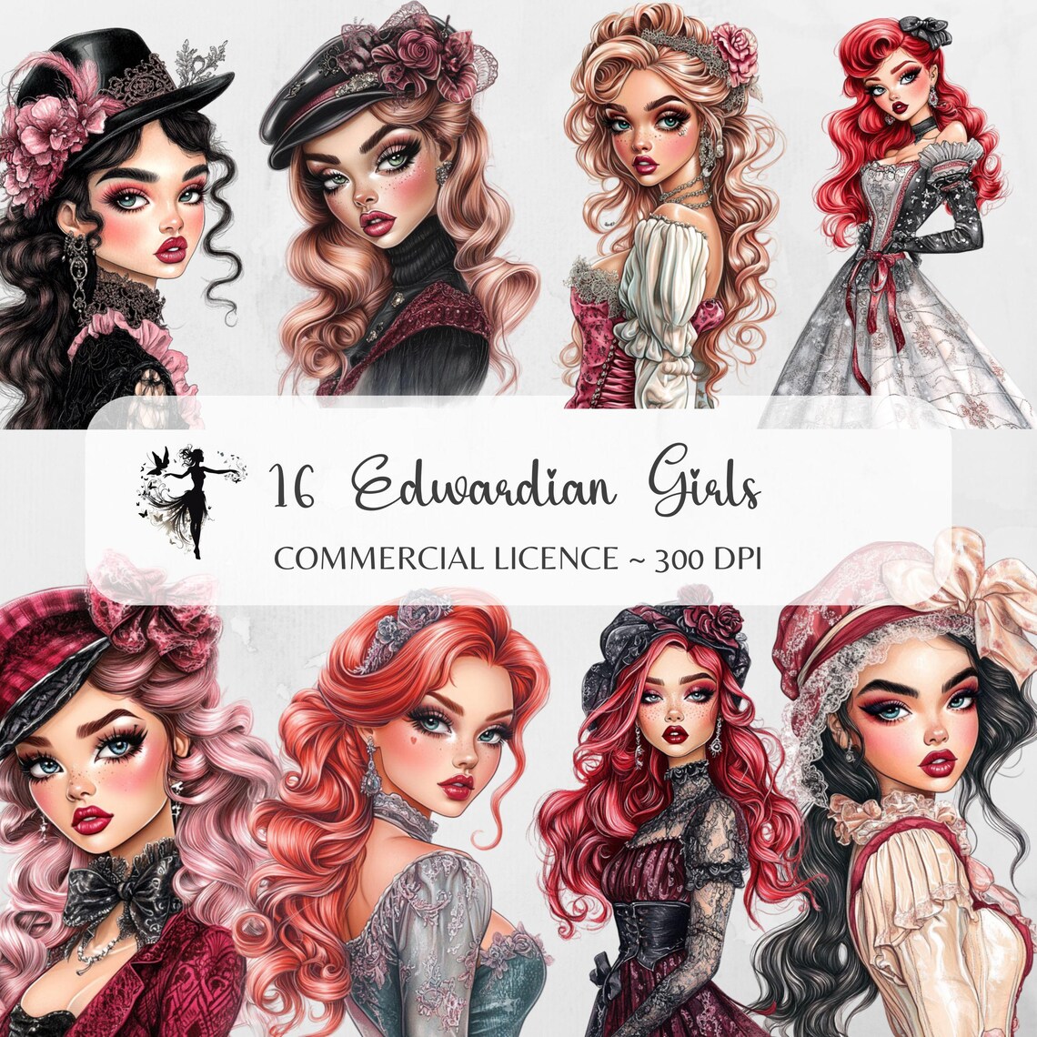 Victorian Edwardian Girl Chibi Clipart PNG, Fashion Clipart, Vintage ...