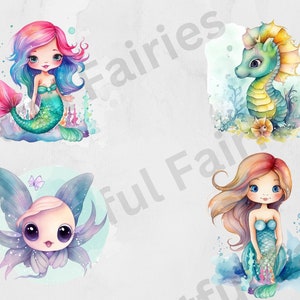 Watercolor Chibi Mermaid Clipart Set Kawaii Clipart Chibi Clipart DIY ...