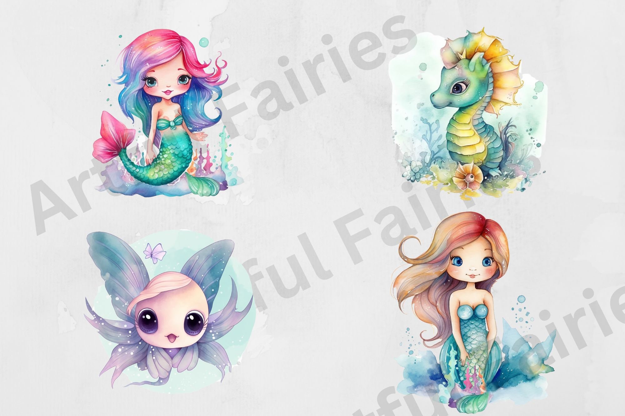 Watercolor Chibi Mermaid Clipart Set Kawaii Clipart Chibi Clipart DIY ...