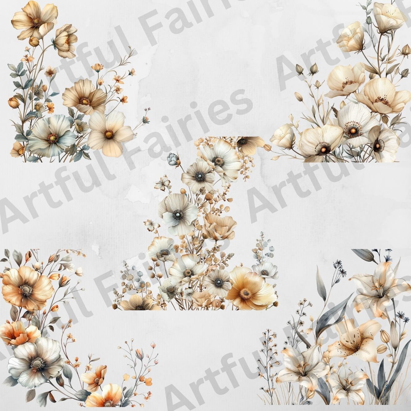 Neutral Floral Corners Clipart Neutral Flower Borders PNG Beige Digital ...