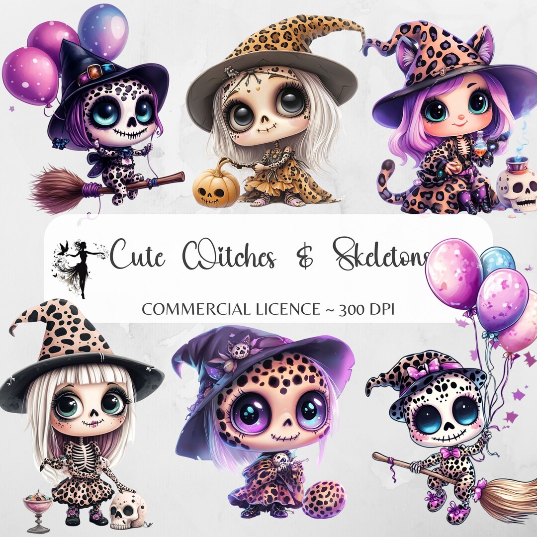 Cute Witch Clipart Skeleton PNG Witchy Broom Leopard Print Balloons ...